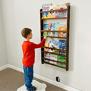 Furpinea Real Wood Handmade Walnut Color Kids Wall Mounted Montessori Bookshelf for Nursery, Bedroom, Living Room (4 Tier, 48" Hx24 W)