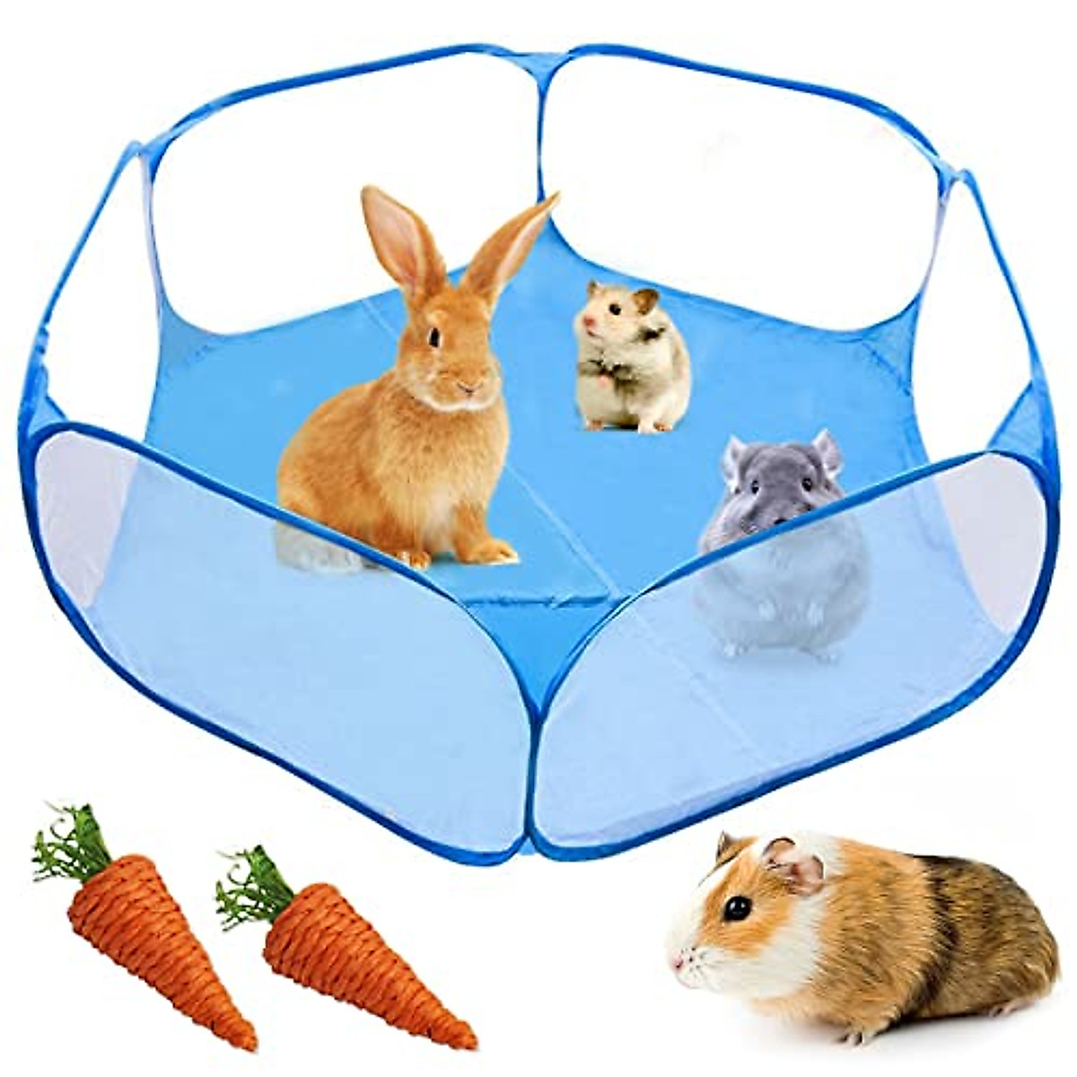 kathson Playpen for Small Animals Cage Tent, Breathable&Transparent Pets Playpen Folding Exercise Pop Open Outdoor/Indoor Portable Fence with Carrots for Guinea Pig Hamster Rabbit Rat Gerbils(Blue)