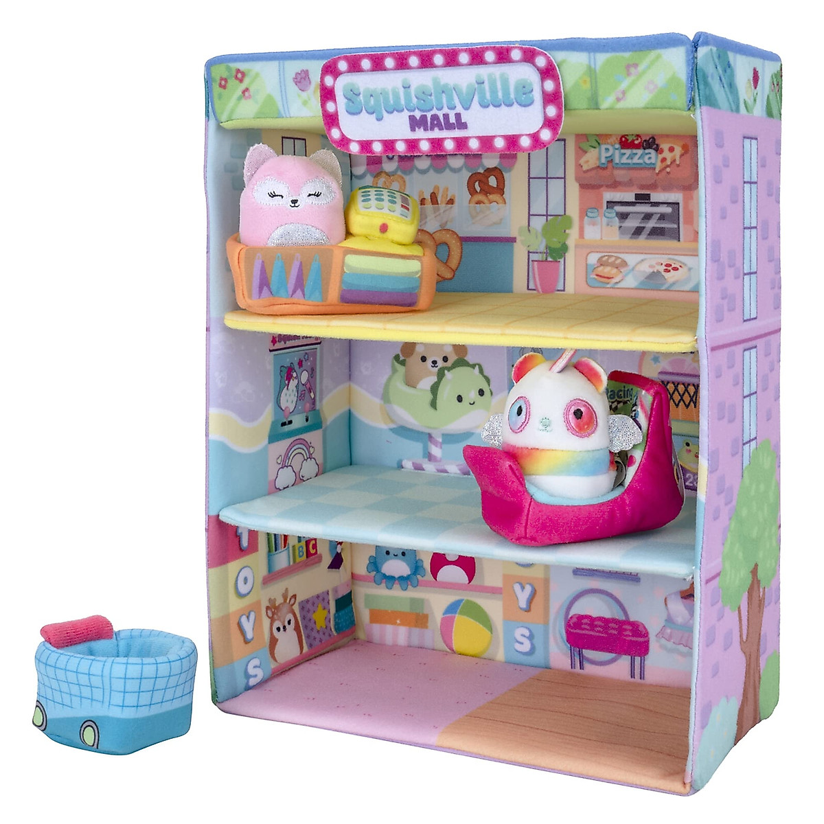 Squishville Squishmallows Mall-Two 2-Inch Mini Plush Characters,Themed Play Scene,4 Accessories (Shopping Bag/Cart,Cash Register,Arcade Machine)-Amazon Exclusive