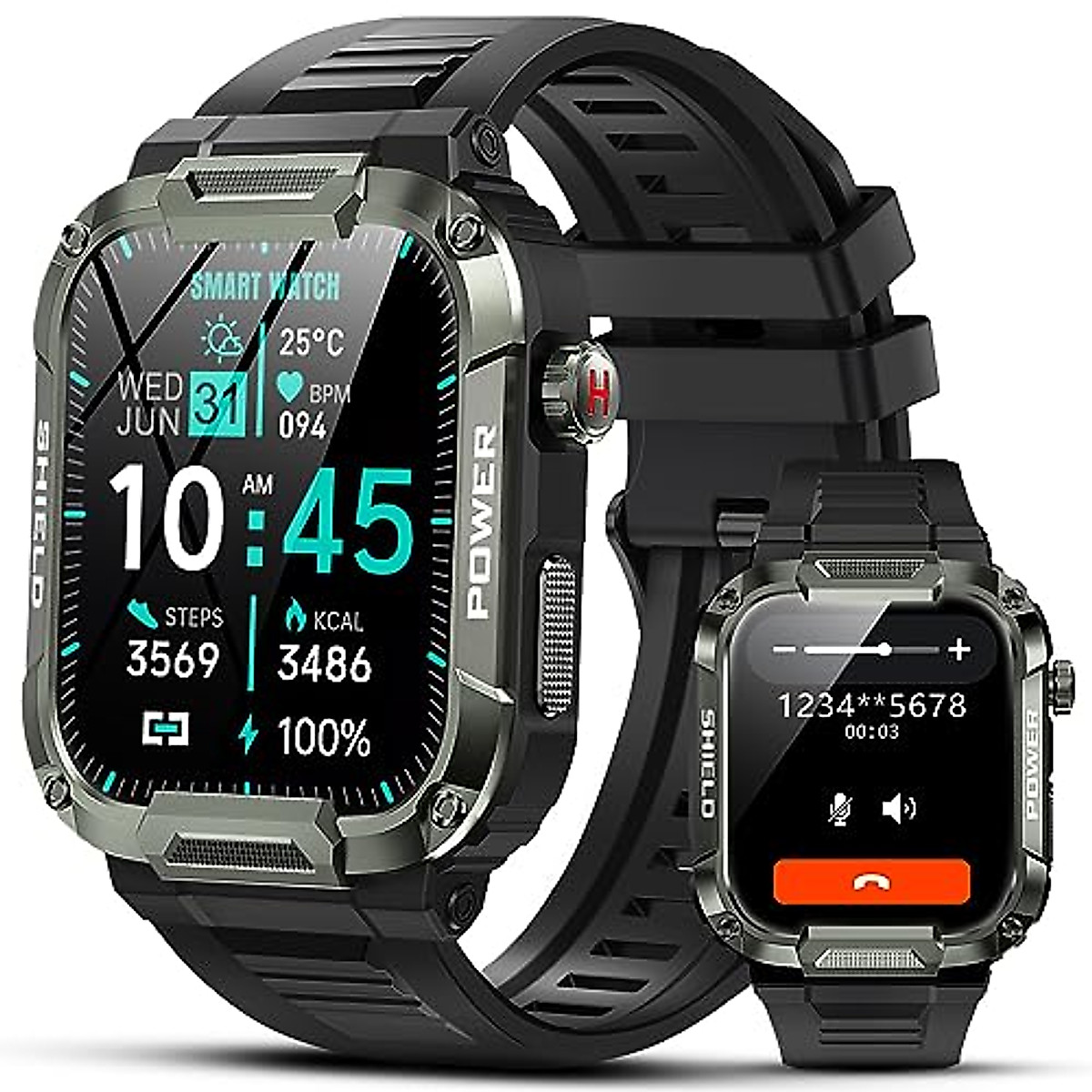 Jireausty Smart Watch for Men - 1.85“ Military Smart Watches IP68 Waterproof Smart Watches with Bluetooth Call Outdoor Tactical Sports Rugged Fitness Tracker Watch for iPhone Android