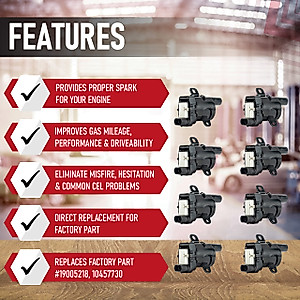 Ignition Coil Pack Set of 8 - Replaces 12563293, D585, C1251, 19005218 - Compatible with Chevrolet, GMC, Cadillac & Other GM Vehicles - V8 Silverado 1500, Tahoe, Suburban, Sierra, Yukon, XL, 2500