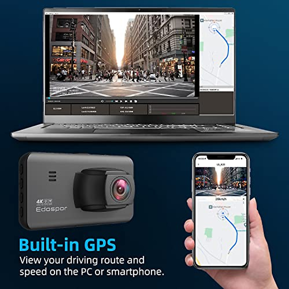 Edospor 4K Dash Cam Front and Rear Built in WiFi GPS Dash Camera for Cars 3'' IPS Screen with 64GB SD Card,170°Wide Angle,WDR,Night Vision,Parking Monitor,Support 256GB Max,Front 4K/2.5K Rear 1080P