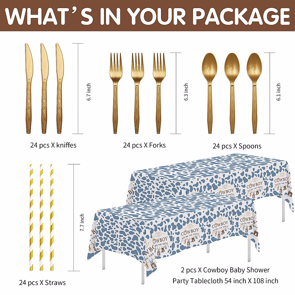 Xenorik Western Cowboy Baby Shower Decorations Tableware - Little Cowboy Baby Boy Table Decorations, Plate, Cup, Napkin, Tablecloth, Cutlery, Cowboy Wild West Rodeo Baby Shower Supplies | Serve 24