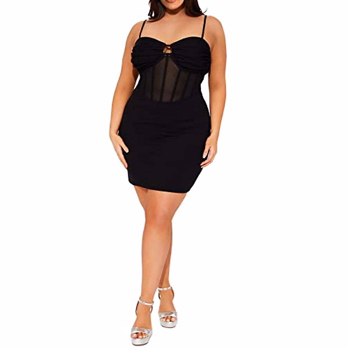 Uni Clau Women Sexy Halter V Neck Mesh Mini Dress Bodycon Spaghetti Straps See Through Patchwork Dress Party Club Night Out Mini Dress Black XL