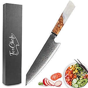 Kiritsuke Chef Knife 8'' ForChefs - 67 Layers Ultra-Sharp Damascus Steel Blade and White Wood Handle, KRT-002