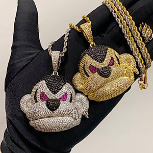 ICEDIAMOND Iced Out Fashion Hunk Gorilla Pendant with Rope Chain, 14K Gold Plated Full Shiny CZ Diamonds Urban Street Wear Necklace, Hip Hop Jewelry for Men Women (White)