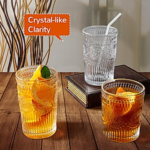 Lvtrupc 10Pcs Vintage Drinking Glasses - Romantic Highball Glasses & Rocks Glasses, Striped Glass Tumbler Cups for Water Coffee Juice Cocktail, Luxurious Floral Embossed Clear Glassware Set
