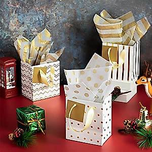 12 Pcs Small Gift Bags Mini Metallic Paper Bags with Handle Tag and Tissue, Wrap Bag for Birthday Wedding Christmas Holiday Baby Shower, 4 x 2.8 x 4.5 Inch (White Gold)