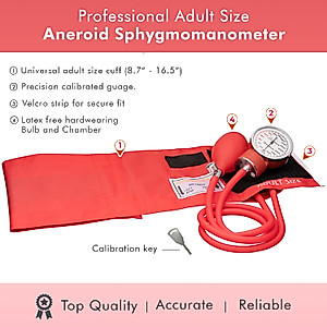NOVAMEDIC Professional Aneroid Sphygmomanometer Blood Pressure Machine and Stethoscope Set, Universal Adult Size Cuff Arm 8.7-16.5", Manual Emergency BP Monitor Kit with Carrying Case, Red