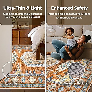 Kokia Area Rugs Living Room 9x12 Ultra-Thin Washable Orange Large Area Rug Dining Room Geometric Tribal Distressed Lightweight Foldable Carpet for Dining Room Home Office, Solani Orange-1