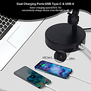 FIRVRE Metal Desk Lamp Black Adjustable Flexible Goose Neck Swing Arm Table Lamp with USB Charging Port Portable Eye-Caring Reading Lamp for Home Office Work Study Reading E26 Base Multi-Joint