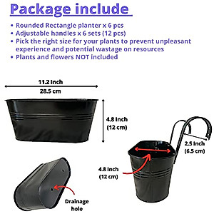 LaLaGreen Outdoor Rail Planter - 6 Pack, 11.2 Inch Black Metal Iron Hanging Flower Pots Deck Railings Fence Buckets Modern Countryside Boho Style Wall Mount Window Box Plant Holder Hooks Porch Decor