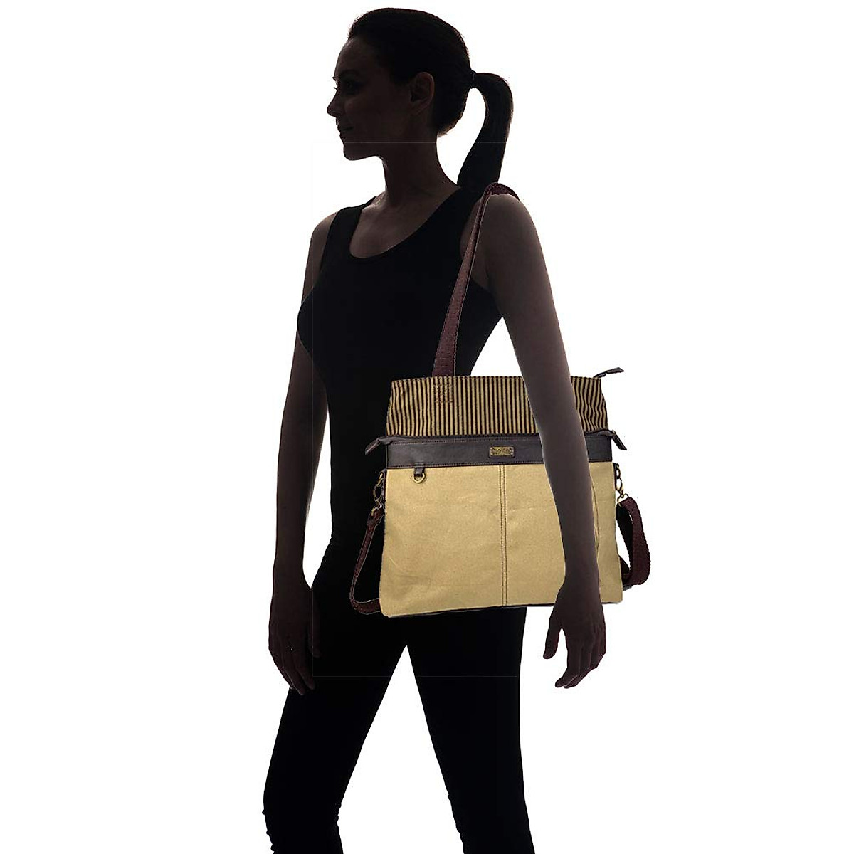 CHALA Canvas Convertible Stripe Work Tote with Chala Key-Fob in Light Olive (Wiener Dog on Scooter)