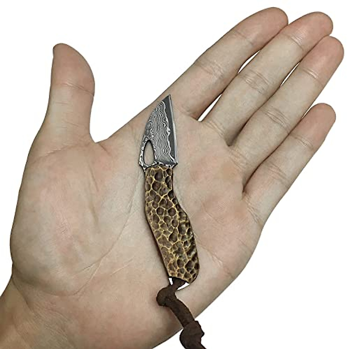 Cool Hand 2'' EDC Flip Joint Folding Knife, Small Pocket Knives w/ 1.25'' VG10 Damascus Steel Blade, Brass Handle w/Leather Lanyard，Tin Box Packaging