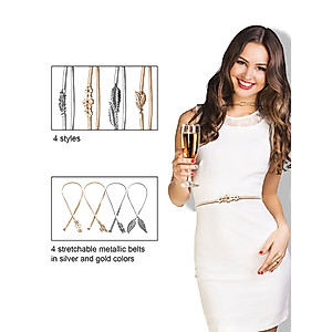 4 Pieces Women Elastic Waist Belt Stretch Metal Dress Belt for Women, Silver and Gold