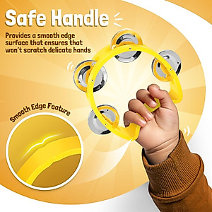 Flexzion Half Circle Tambourine Hand Held Percussion Instrument Plastic Mini Tambourines Half Moon D-Shaped Musical Instruments, Non Professional Tambourine, 2 Pack, Yellow