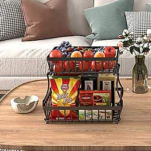 Apsan 2 Tier Countertop Fruit Basket Bowl for Kitchen, Bread Vegetable Fruit Basket Bowl Stand Detachable Metal Rectangular Wire Basket, Black Medium