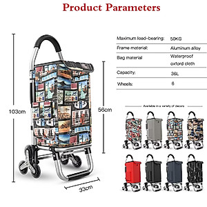 PIPRE Portable Shopping cart Bigger carts with 3 Wheels Foldable,Stamp Motif Shopping Grocery Foldable Cart