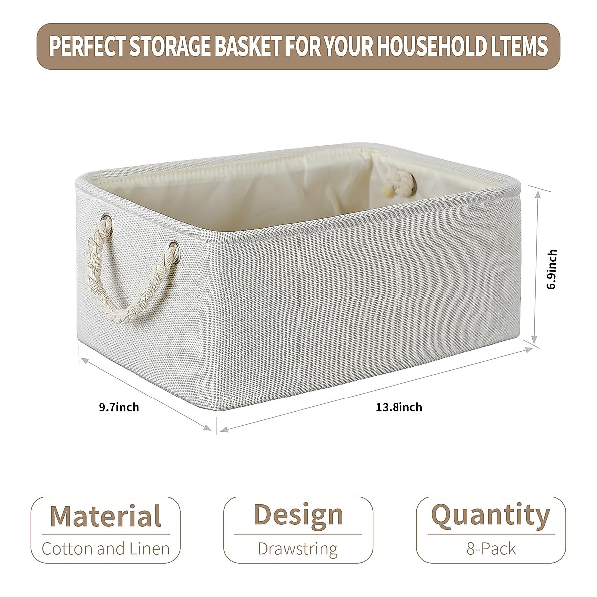 Storage Basket Bins 8 Pack Storage Baskets Bulk for Shelves - Decorative Baskets Storage Cubes Containers W/Handles for Clothes, Books, Home, Garage, Office, Bedroom, Parlor, Car (BeigeWhite)