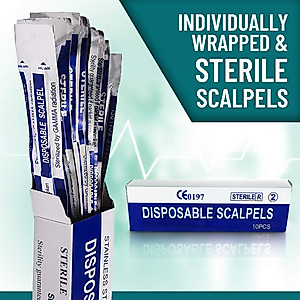 MedHelp Disposable Scalpel 11 Disposable Dermaplaning Blades with Plastic Handle, High Carbon Steel Dermablade Surgical Blades. Individually Wrapped 11 Blade, Sterile - Box of 10