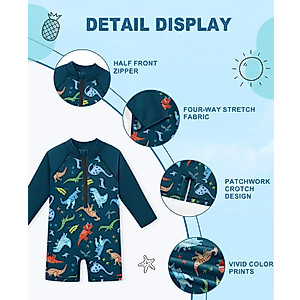 BesserBay Long Sleeve One Piece Rashguard UPF 50+ Dinosaur Navy Zip Up Swimwear for Baby Boy 18-24 Months