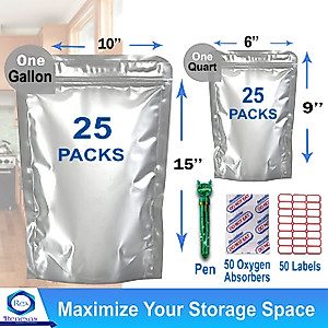 50 Pcs Mylar Bags For Food Storage With Oxygen Absorbers, Airtight Resealable Foil Pouches For Long Term Storage, Reusable ziplock Bags pack of 1 gallon(25pcs) and 1 quart(25pcs)