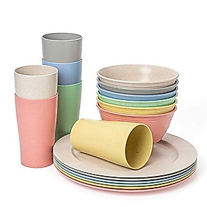 Euodia Wheat Straw Plastic Dinnerware Sets for 6 (Dinner Plates, Bowls & Cups) - Dishwasher & Microwave Safe – Unbreakable Reusable Lightweight Eco Friendly BPA Free – Outdoor Camping Dishes