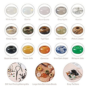 Spritewelry 15 Colors Natural Gemstone European Beads Rondelle Large Hole Loose Beads Dreadlock Hair Braid Beads Kits for Hair Braids Jewelry Bracelet Necklace Making