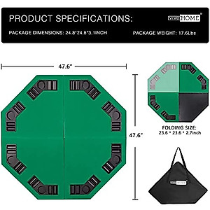VIVOHOME 48 Inch Foldable 8-Player Texas Poker Card Table Top Layout Portable Anti-Slip Rubber Board Game Mat with Cup Holders and Carrying Bag, Green