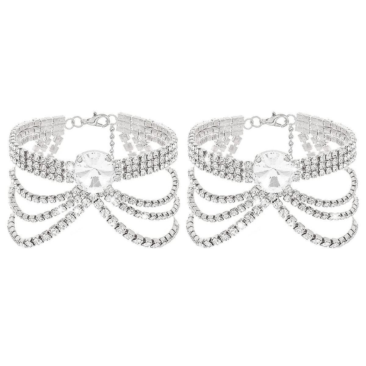 ELABEST Rhinestone Ankle Bracelets Crystal Tassel Anklet 2pcs Boho High-heeled Tennis Foot Chain Wedding Jewelry Accessories for Women (Silver)