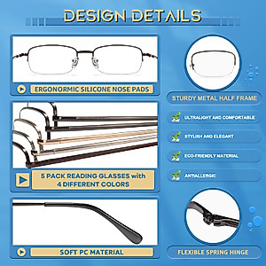 NOVIVON 5 Pack Reading Glasses for Men, Metal Blue Light Blocking Readers with Spring Hinges, Anti Eye Strain Eyeglasses (Gunmetal*2, Gold, Silver, Brown, 2.0)