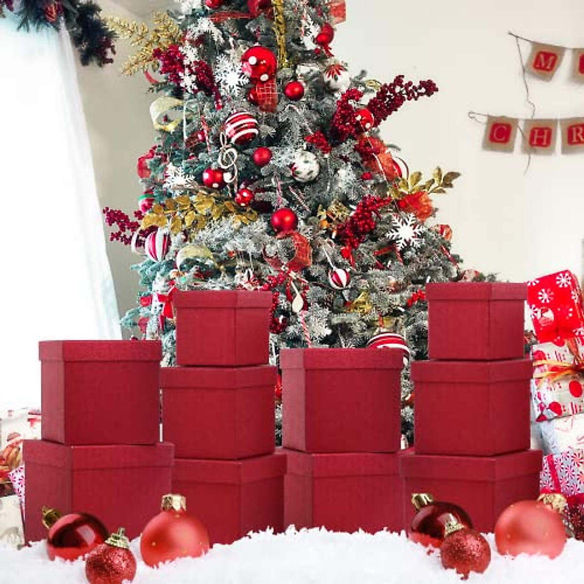 UNIQOOO 5Pcs Red Glitter Christmas Gift Box Set with Lid, Assorted Size, Square Nested Wedding Keepsake Boxes, Holiday Paper Box Tower Organizer For Birthday Party, Mother's Day Gift Wrap Packaging