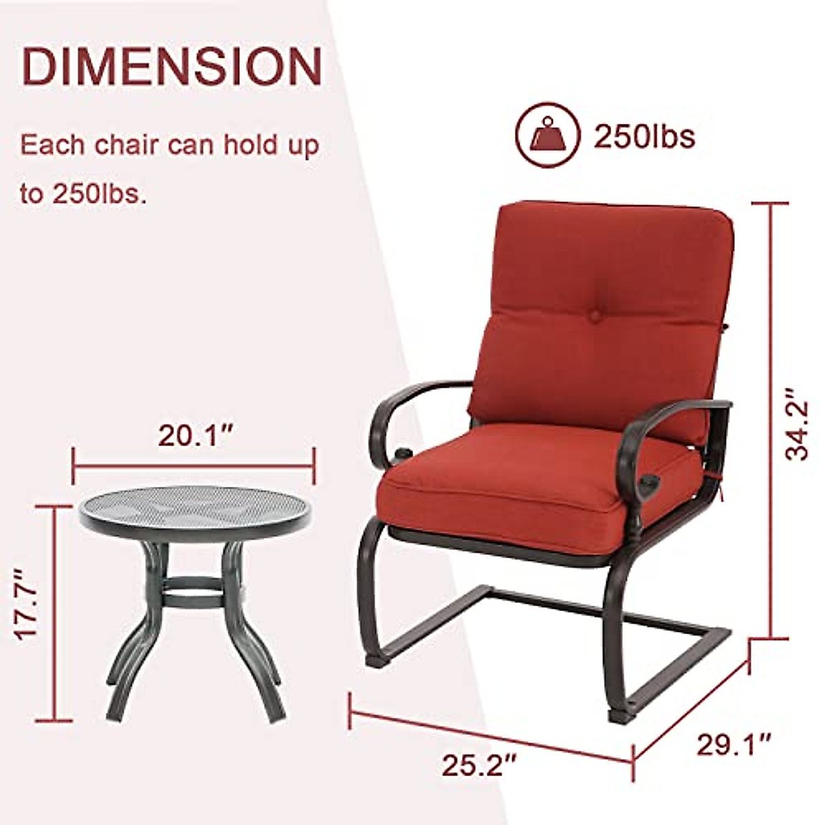 CrownLand 3 Piece Patio Furniture Outdoor Bistro Set Metal Action Lounge Cushioned Chairs and Bistro Round Table Set, Wrought Iron Cafe Furniture Set,Red