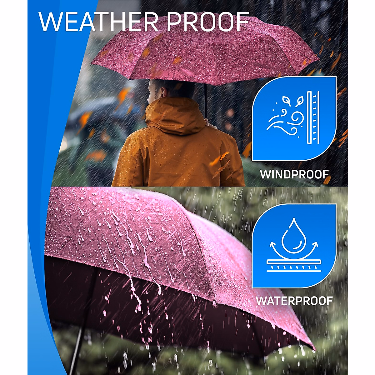 Rain-Mate Compact Travel Stick Umbrella - Pocket Portable Folding Windproof Mini Umbrella - Auto Open and Close Button and 9 Rib Reinforced Canopy
