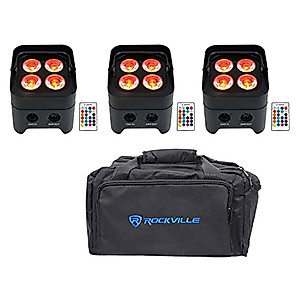 (3) Rockville BEST PAR 50 Rechargeable Par Wash Lights Wireless DMX+RGBWA+UV+Bag
