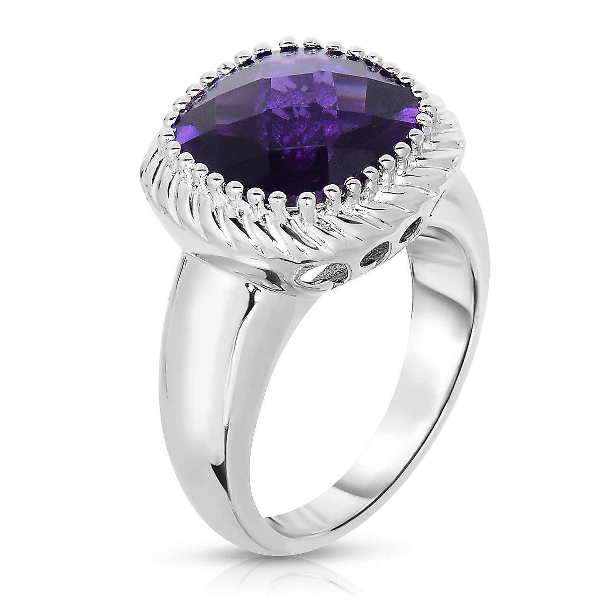 KOKAV 925 Sterling Silver Amethyst Ring, Size 7, Cushion Cut 11mm Stone