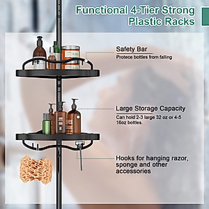 COCONUT Shower Caddy Tension Pole, 54-114 Inch Rustproof Corner Shower Caddy 4 Tier Adjustable Plastic Shelves for Bathtub Drill Free Shower Organizer Quick Installation Bathroom Storage Rack