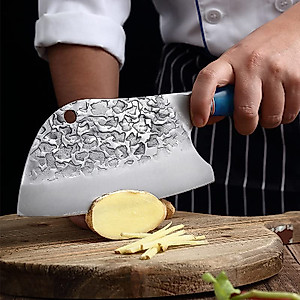 ZENG JIA DAO Forged Serbian Chefs Knife, Butcher Knife Forged in Fire, 8'' Cleaver Knife HC Steel Bone Cutting Knife Ergonomic Pakka Wood Blue Resin Handle for Kitchen/Restaurant/Slaughter House