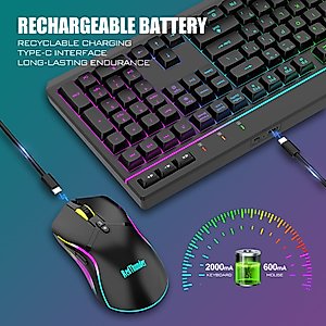 RedThunder K20 Wireless Keyboard and Mouse Combo, Full Size Anti-Ghosting Keyboard with Multimedia Keys + 7D 4800DPI Optical Mice, Rechargeable RGB Gaming/Office Set for PC Laptop Mac Xbox (Black)