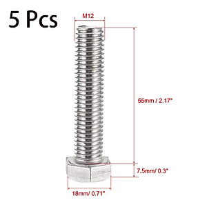 5 Pcs M12 Hex Bolt M12-1.75 x 55mm UNC Hex Head Screw Bolts A2-70(304) Stainless Steel Fully Threaded Hex Tap Bolts，Plain Finish，Fully Threaded (M12 x 55mm)