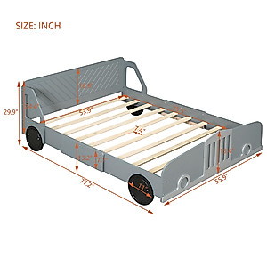 Harper & Bright Designs Full Size Car Bed for Kids, Wood Platform Bed with Wheels, Headboard and Footboard, Race Car Bed Frame with Slats Support for Boys Girls, Gray