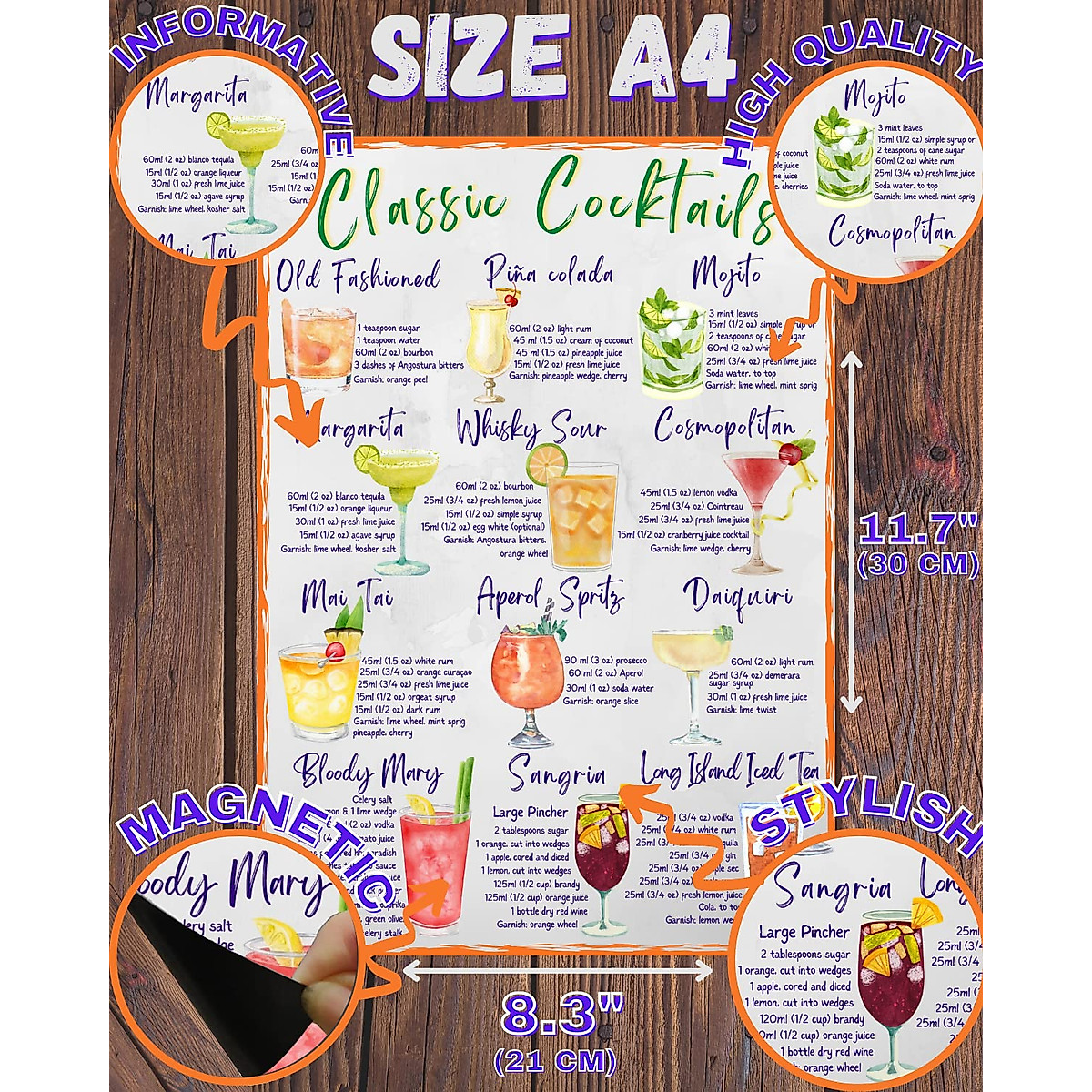 Classic Cocktails Recipes Magnetic Chart A4 format - Kitchen Pub Wall And Fridge Decor Stylish Colourful Informative Magnet Milliliters and Ounces Measurement Units
