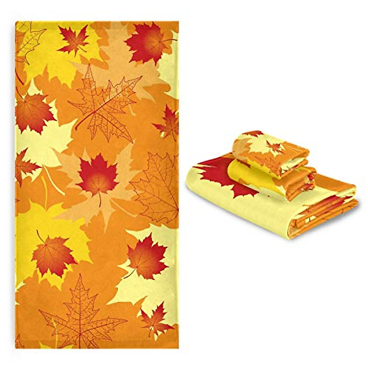 Fall Bathroom Towels Sets Fall Design Towel Set of 3, 1 Bath Towels 1 Hand Towels 1 Washcloth Soft Highly Absorbent Multipurpose for Kitchen Beach Gym Spa Decorative, Autumn Yellow Maple Leaves