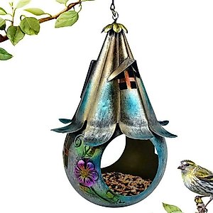 Solar Wild Bird Feeder, Wrought Iron Garden Hanging Ornament Birdhouse, Bird Feeder for Outdoors Hanging Solar Garden Lantern Bird House with S Hook as Gift Ideas for Bird Lovers (A)