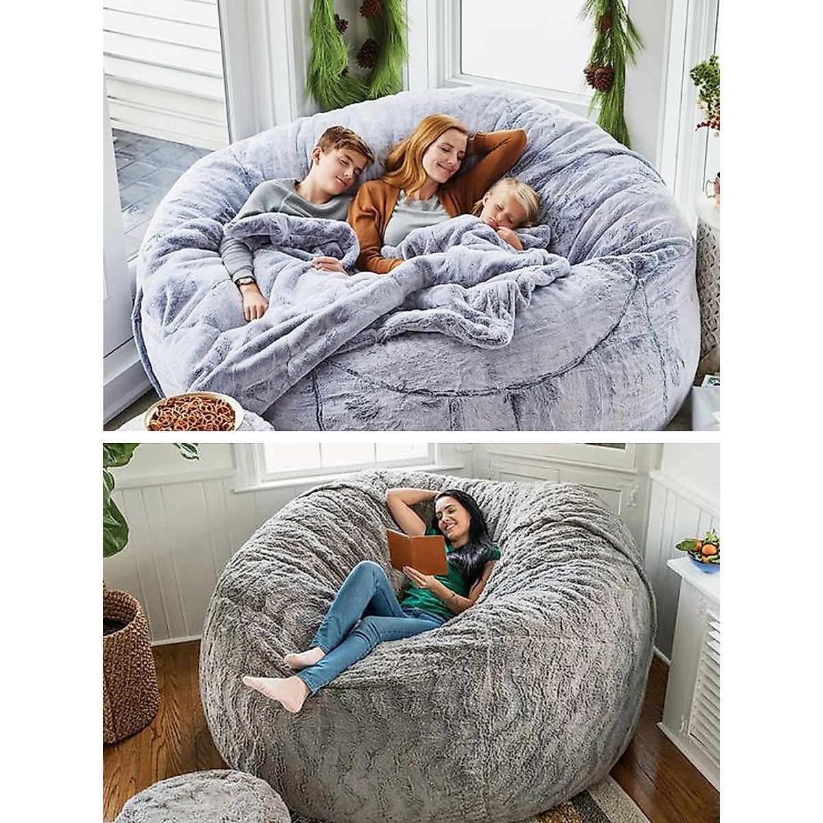HDMLDP Bean Bag Chair for Adults Kids Without Filling Comfy Fluffy Giant Round Beanbag Lazy Sofa Cover for Reading Chair Floor Chair, 6FT, Dark Grey
