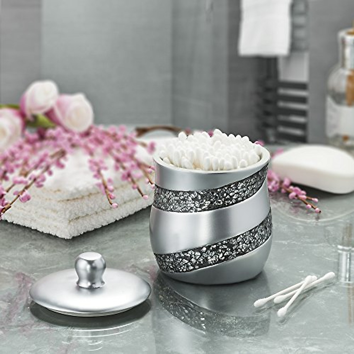 Creative Scents Silver Mosaic Qtip Holder - Decorative Cotton Ball Jar - Durable Resin cotton Swab dispenser - Beautiful Bathroom Vanity storage Accessories