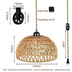 Rattan Plug in Pendant Light, Boho Hanging Lights with Plug in Cord 15ft, Handwoven Hemp Rope Chandelier Light Fixtures with Dimmer Switch for Bedroom Living Dinning Room Kitchen