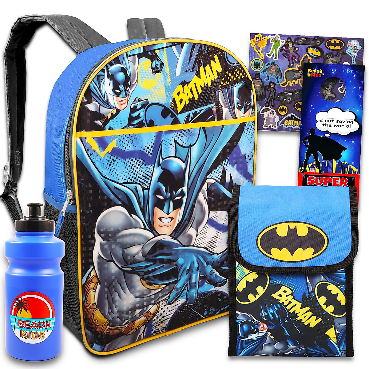Batman Backpack and Lunch Box Set for Kids Boys ~ 7 Pc Deluxe 16" Batman School Bag, Lunch Bag, Patches, Stickers, and More (Batman School Supplies Bundle)