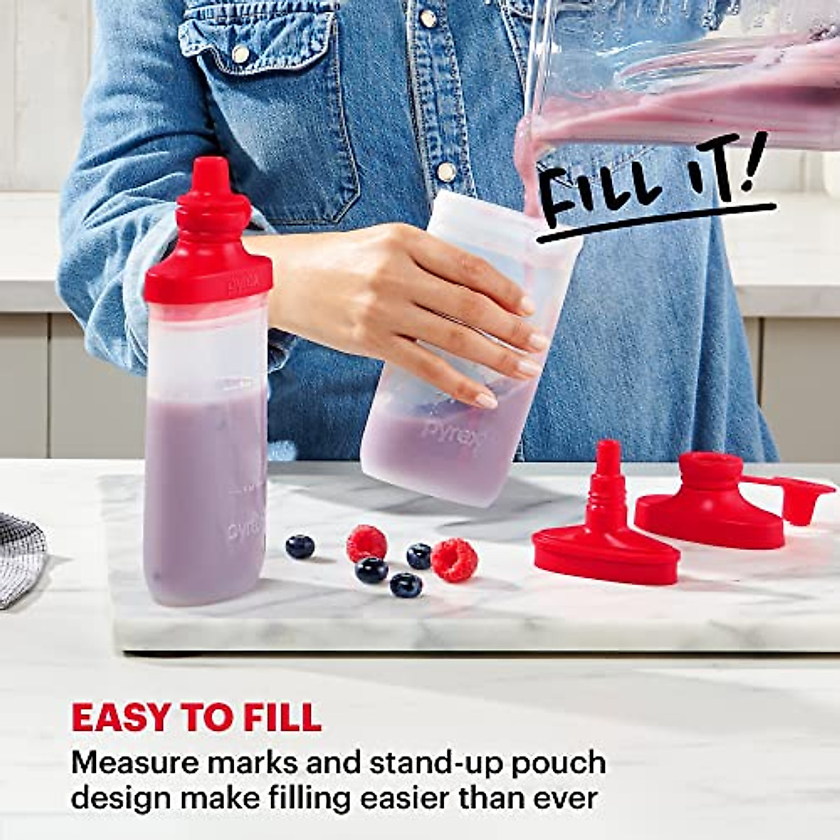 Pyrex Platinum Silicone Food Grade Reusable Pouch with Easy Pour Spout for Kids and Babies, Bundle 2-Pack, Eco-Friendly, Freezer, Dishwasher, and Microwave Safe