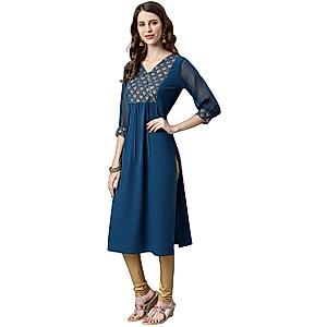Janasya Indian Women's Teal Poly Crepe Kurta for Women